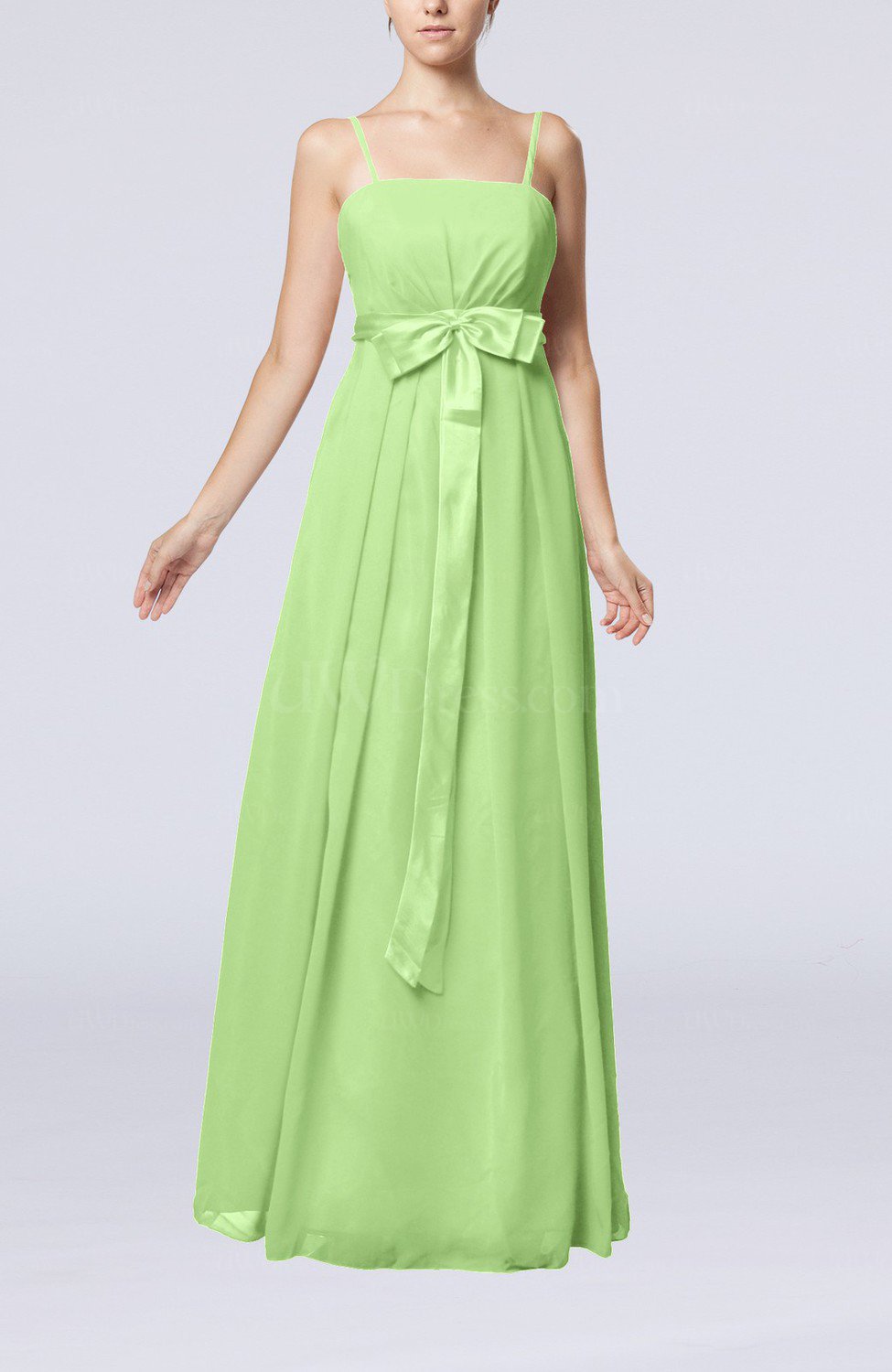 Sage Green Elegant Sleeveless Chiffon Floor Length Ribbon Bridesmaid